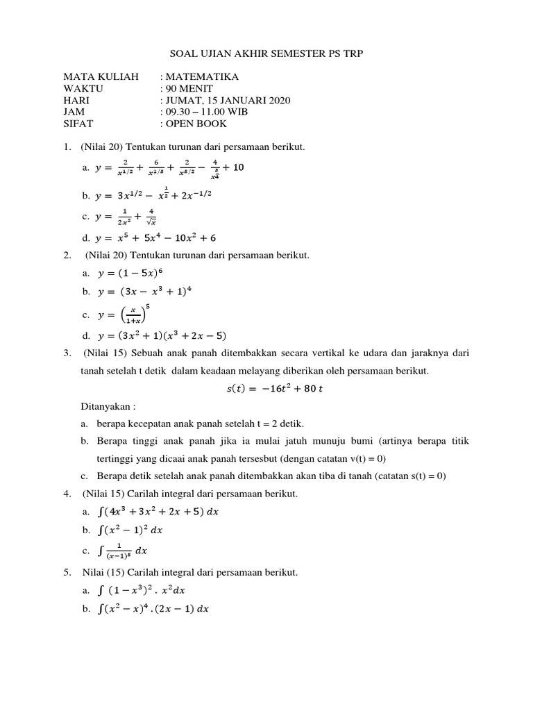 Soal Akhir Semester MK Matematika Ps TRP 2020 | PDF