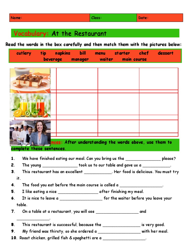 Vocabulary at The Restaurant Information Gap Activities Picture ...