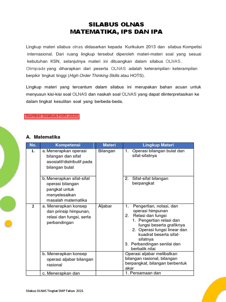 Silabus OLNAS Matematika dan IPA SMP | PDF