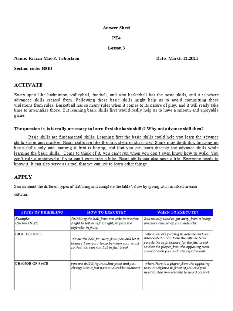 Activate: Answer Sheet PE4 Lesson 3 Name: Krizza Mae S. Taboclaon Date: March 12,2021 Section ...