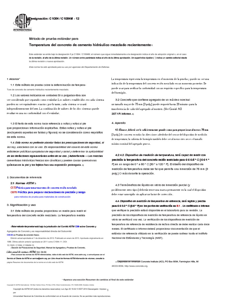ASTM-C1064 Temperatura - En.español | PDF | Hormigón | Temperatura