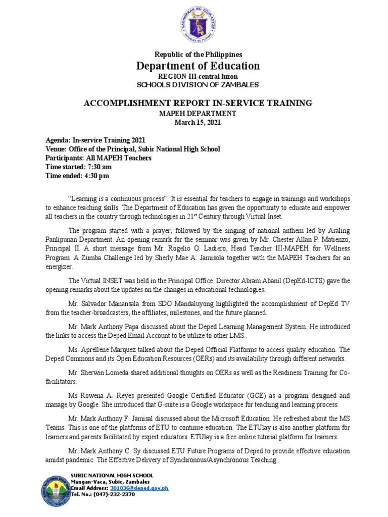 Accomplishment Report Inservice Training March 2021 | PDF ...