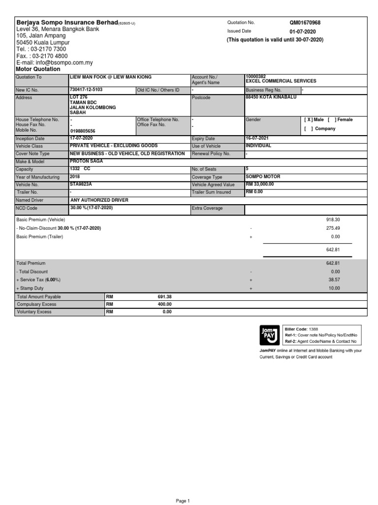 Berjaya Sompo Insurance Berhad: Motor Quotation | PDF | Business