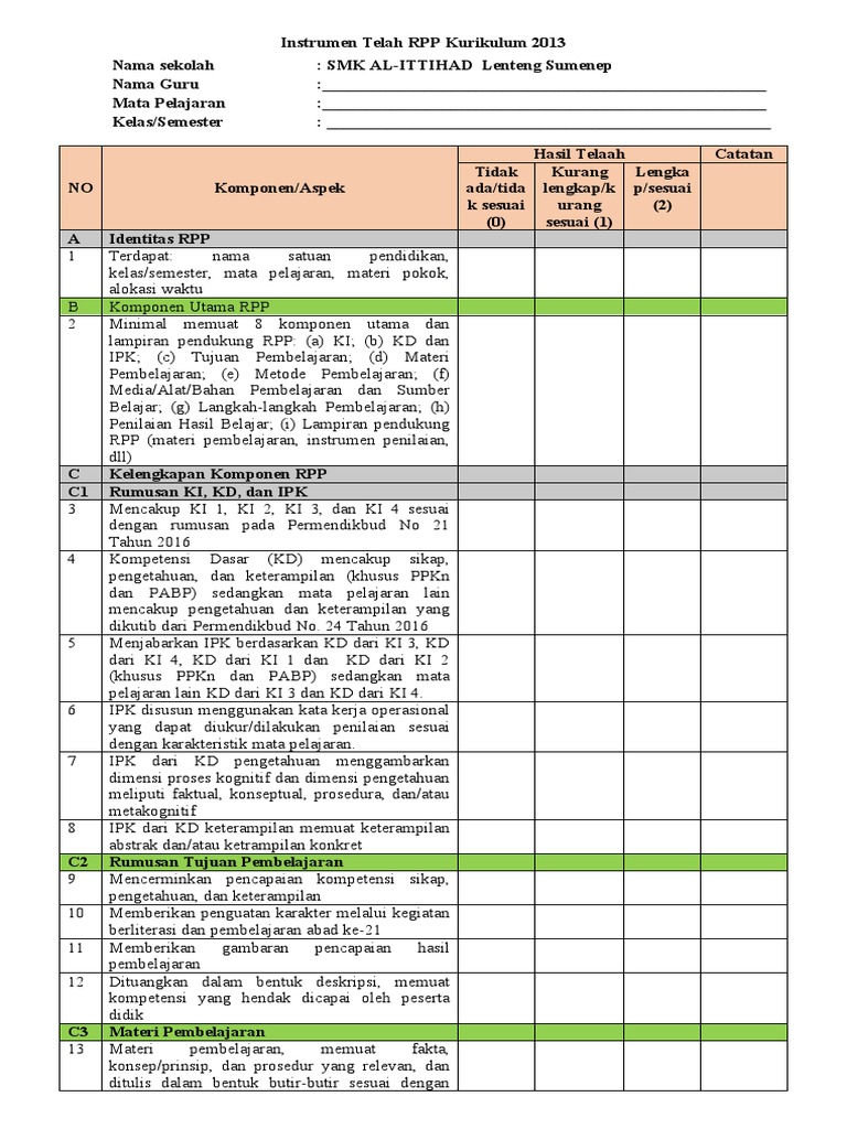 Instrumen Telaah RPP, Dan Observasi Pembelajaran | PDF