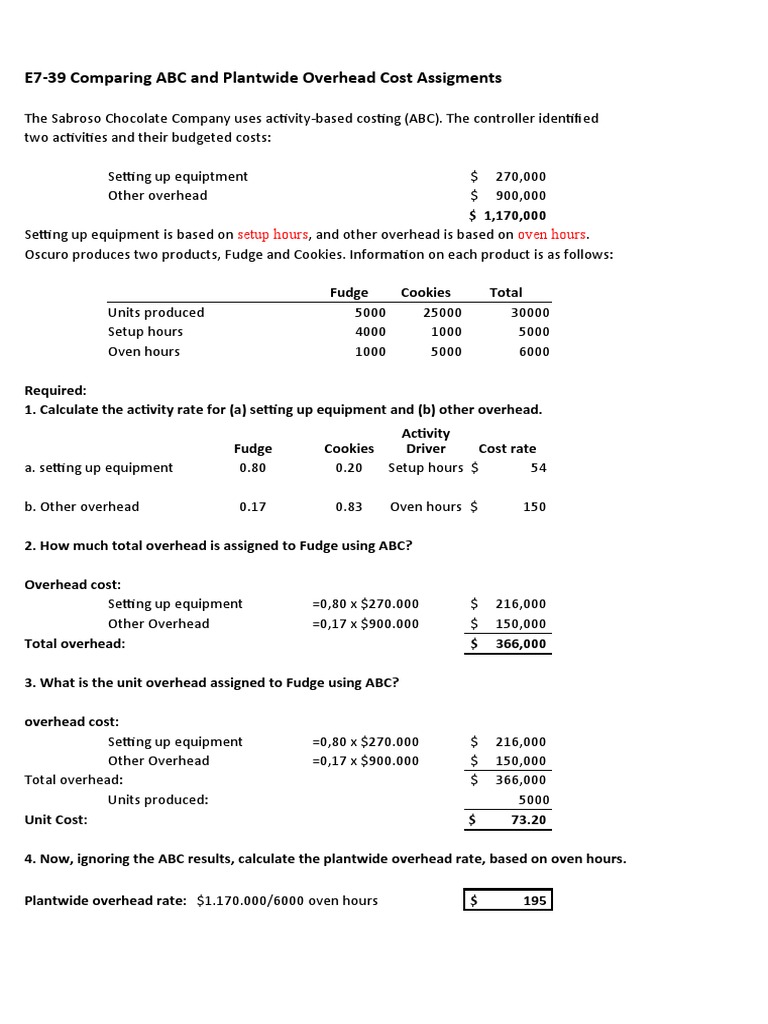 E7-39 Comparing ABC and Plantwide Overhead Cost Assigments: Setup Hours ...