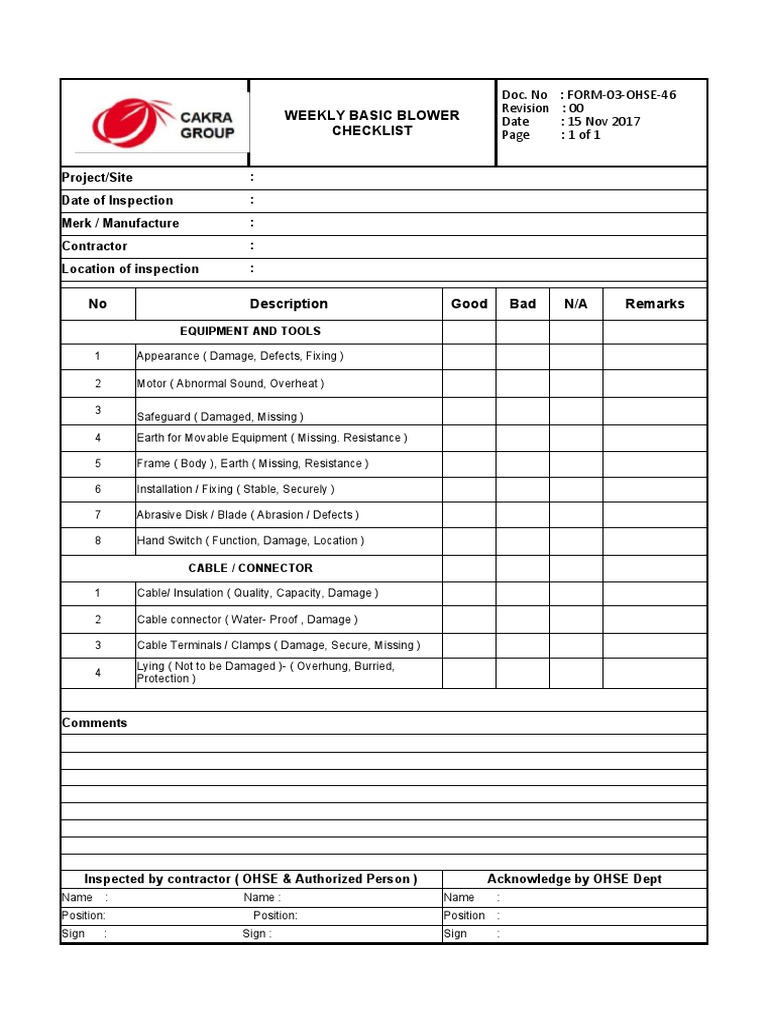 FORM-03-OHSE-46 Weekly Basic Blower Checklist | PDF