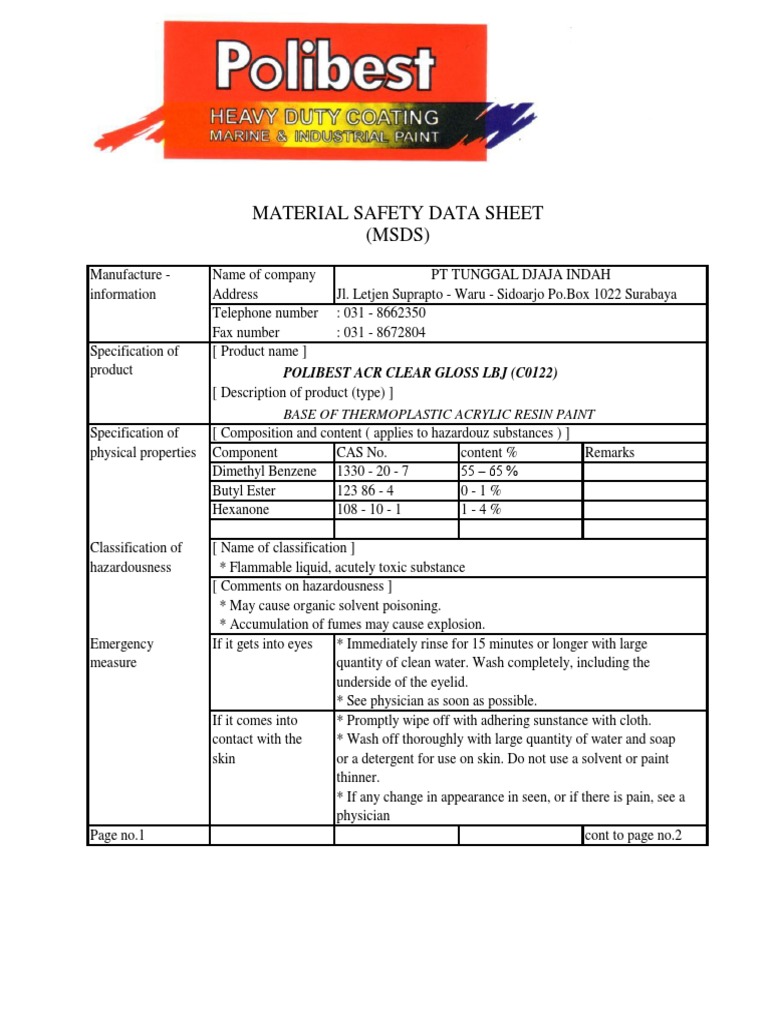 A Comprehensive Material Safety Data Sheet for POLIBEST ACR CLEAR GLOSS ...