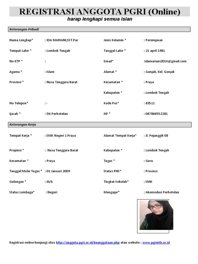 Form Registrasi Anggota Pgri Ida Mariani, SST - Par | PDF