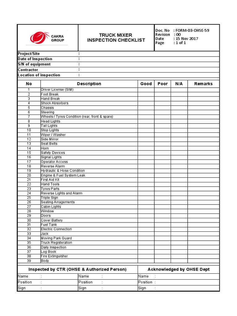 FORM-03-OHSE-59 Truck Mixer Inspection Checklist | PDF