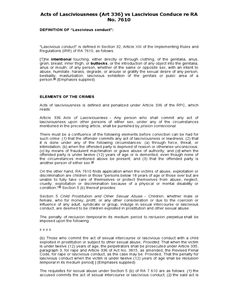 Lasciviousness Laws: RA 7610 vs RPC 336 | PDF | Rape | Sexual Assault