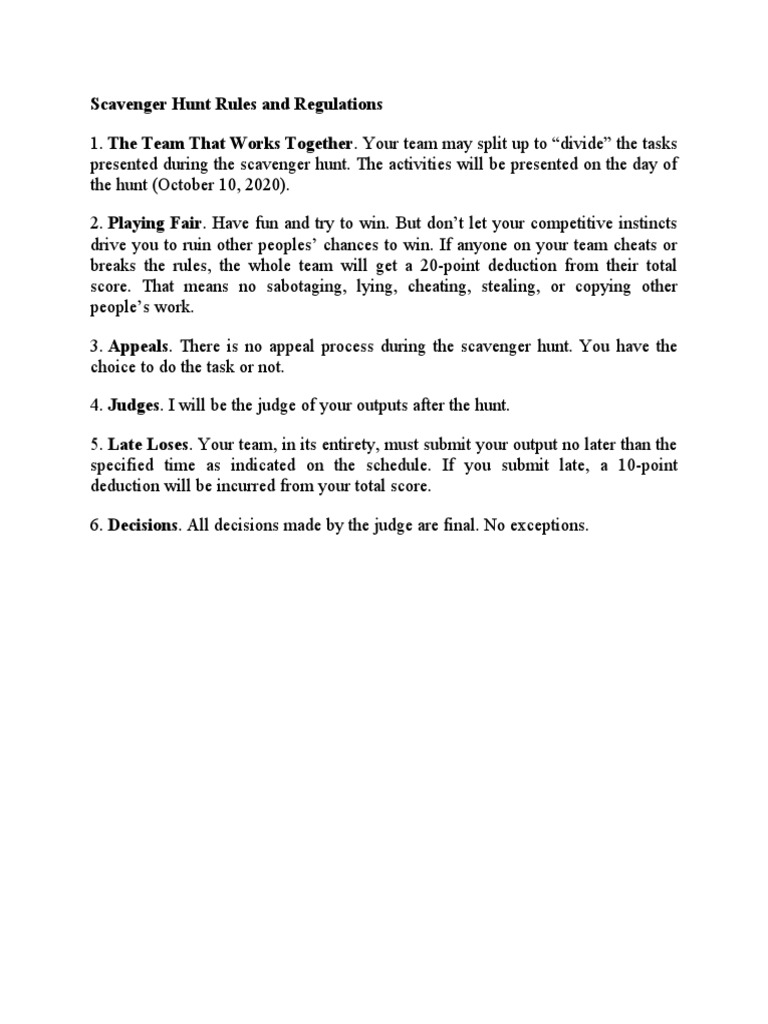 Scavenger Hunt Rules and Regulations | PDF | Business | Law