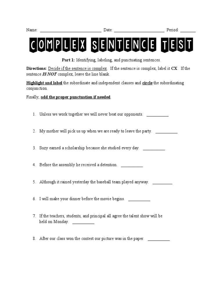Complex Sentence Test | PDF | Sentence (Linguistics) | Linguistics
