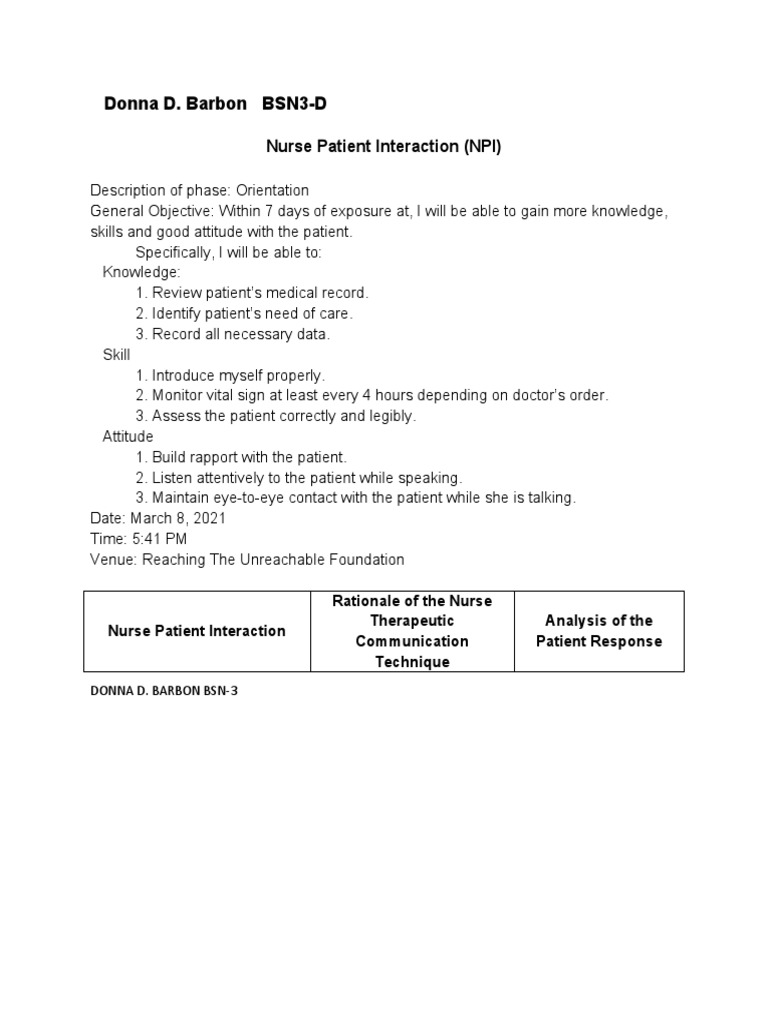 Donna D. Barbon BSN3-D: Nurse Patient Interaction (NPI) | PDF ...