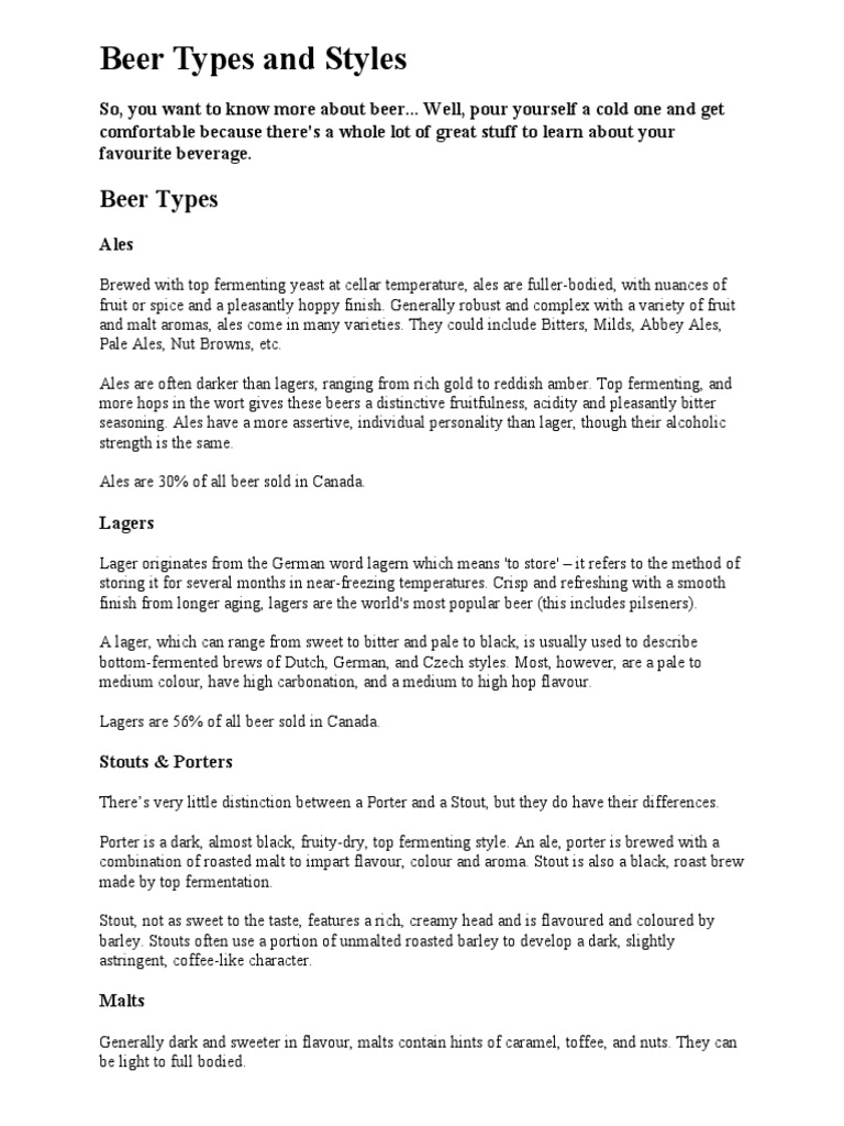 Beer Types and Styles | PDF | Ale | Beer