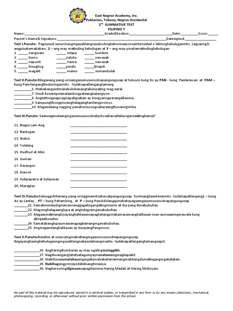 Filipino 7 - Summative Test Q2 Set B | PDF