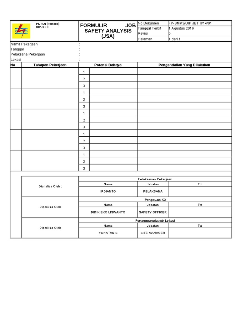 Formulir JSA FP-SMK3UIP JBT II-14-01 JOB | PDF