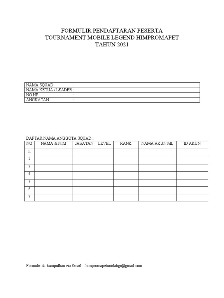 Formulir Pendaftaran Peserta Mobile Legend | PDF Formulir Pendaftaran Peserta Mobile Legend | PDF