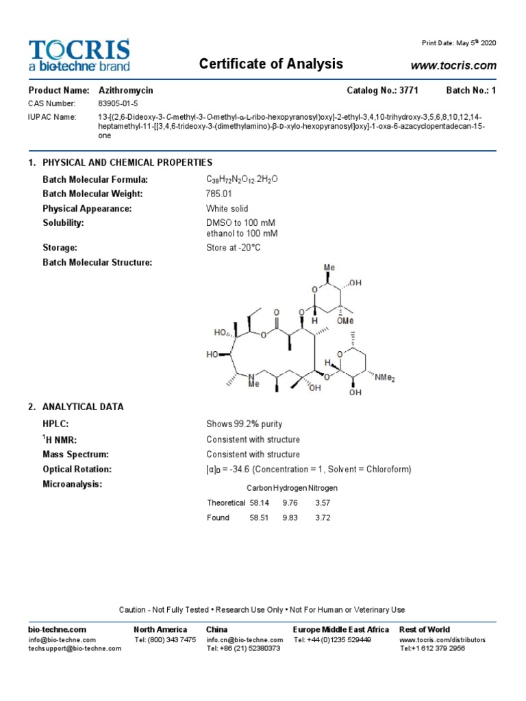 Azithromycin Certificate of Analysis | PDF | Chemistry | Physical Sciences