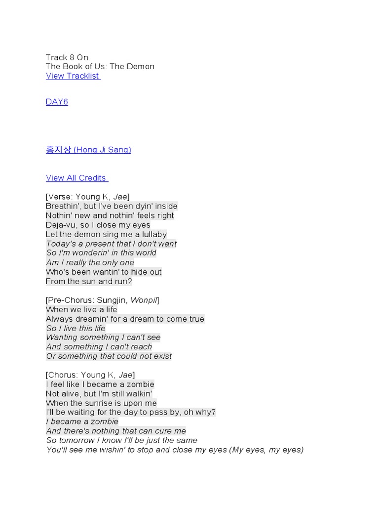 Zombie (English Ver.) : View Tracklist Day6 | PDF | Poetry
