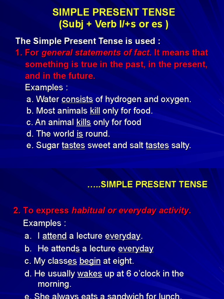 Simple Present Tense (Subj + Verb I/+s or Es) | PDF | Grammatical Tense ...