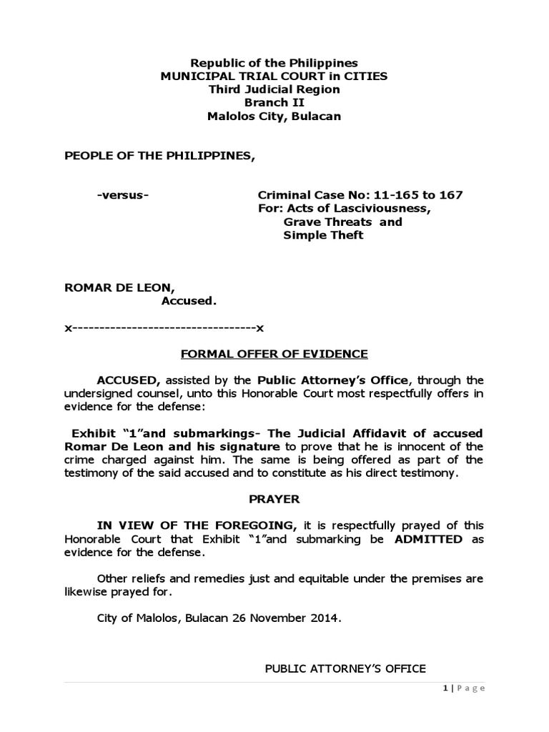 Formal Offer of Evidence-Romar de Leon | PDF | Prosecutor | Separation ...