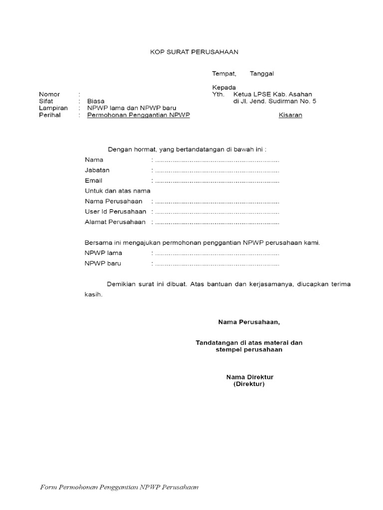 Form Permohonan Penggantian NPWP | PDF
