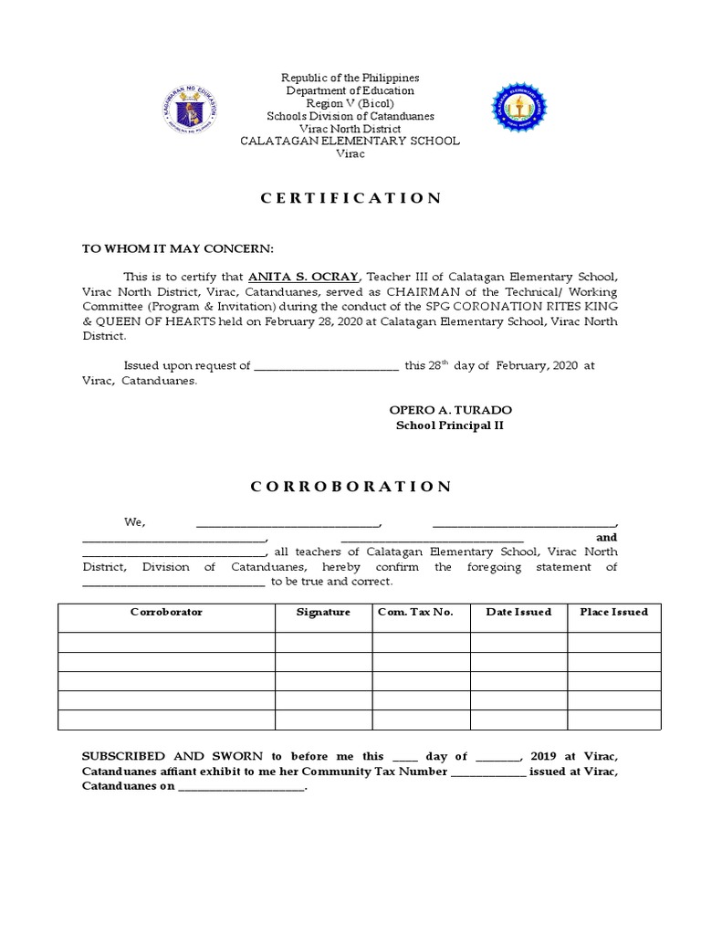 Certification and Corroboration | PDF | Government Institutions ...
