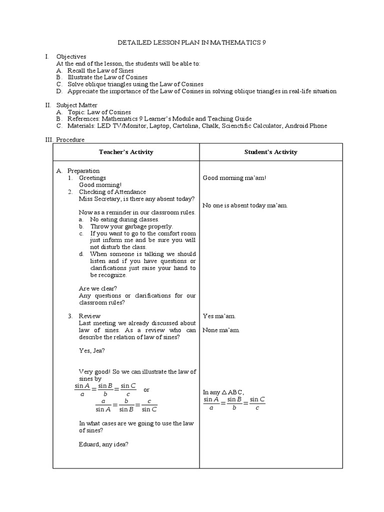Teacher's Activity Student's Activity: Sin A Sin B Sin C Sin A Sin B ...