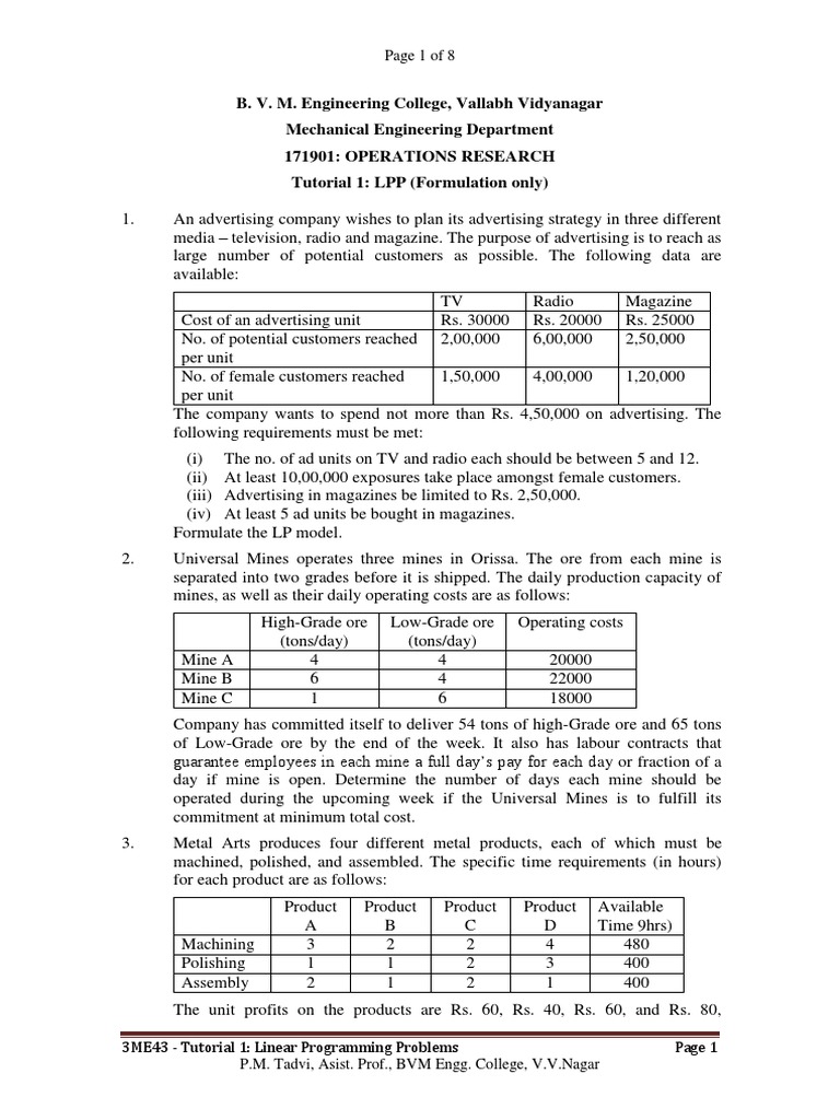 Or Tutorial 1 - LPP Formulations | PDF | Swimming (Sport) | Gasoline