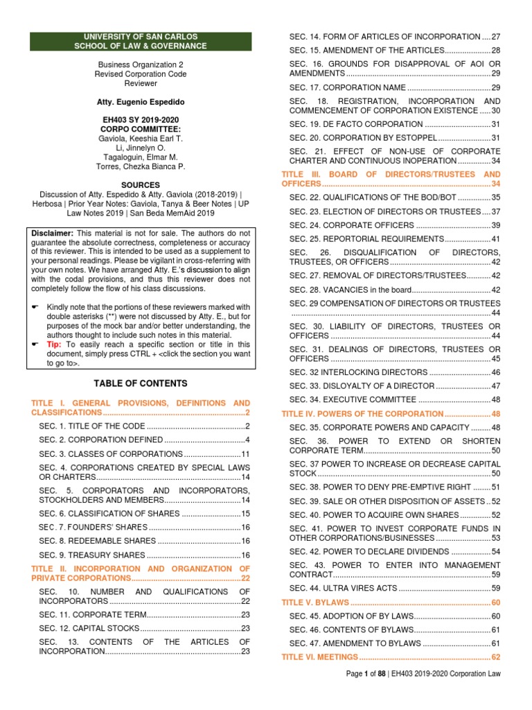 EH403 Revised Corporation Code Midterms Reviewer | PDF | Corporate Tax ...