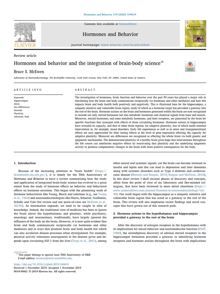 Hormones and Behavior and The Integration of Brain-Body Science | PDF ...