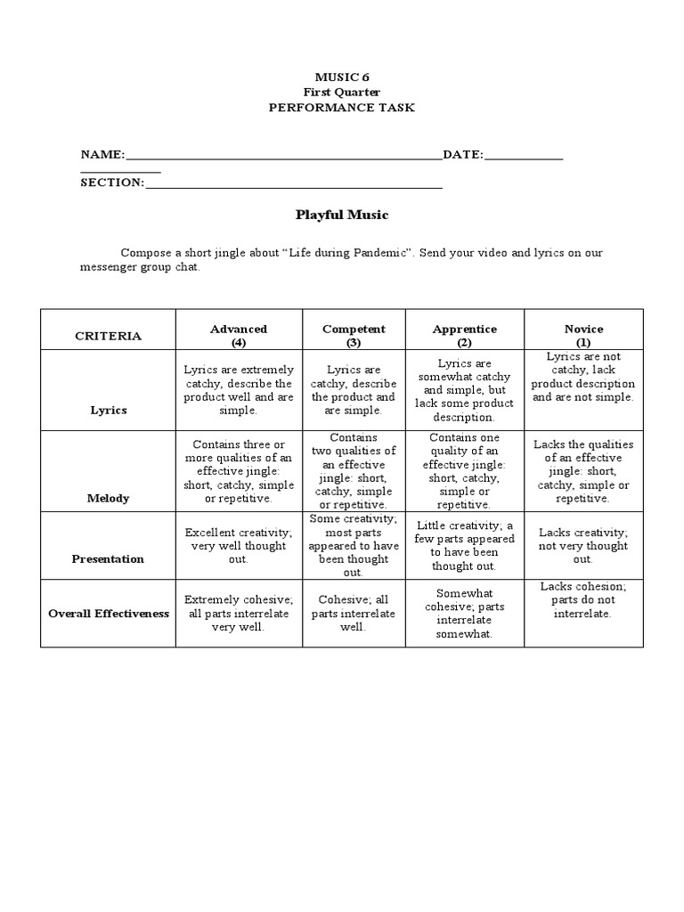 Music 6 Performance Task Q1 | PDF | Entertainment (General)