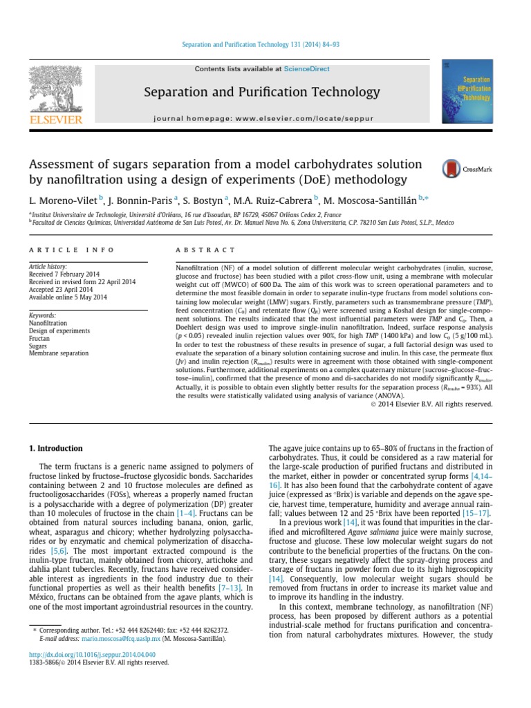 Assessment of Sugars Separation From A Model Carbohydrates Solution by ...