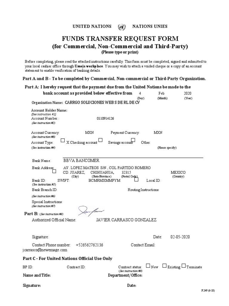 UN Funds Transfer Request Form | PDF | Payments | Money