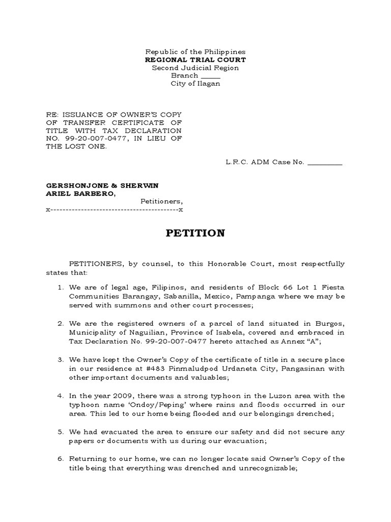 Petition: Regional Trial Court | Download Free PDF | Common Law ...