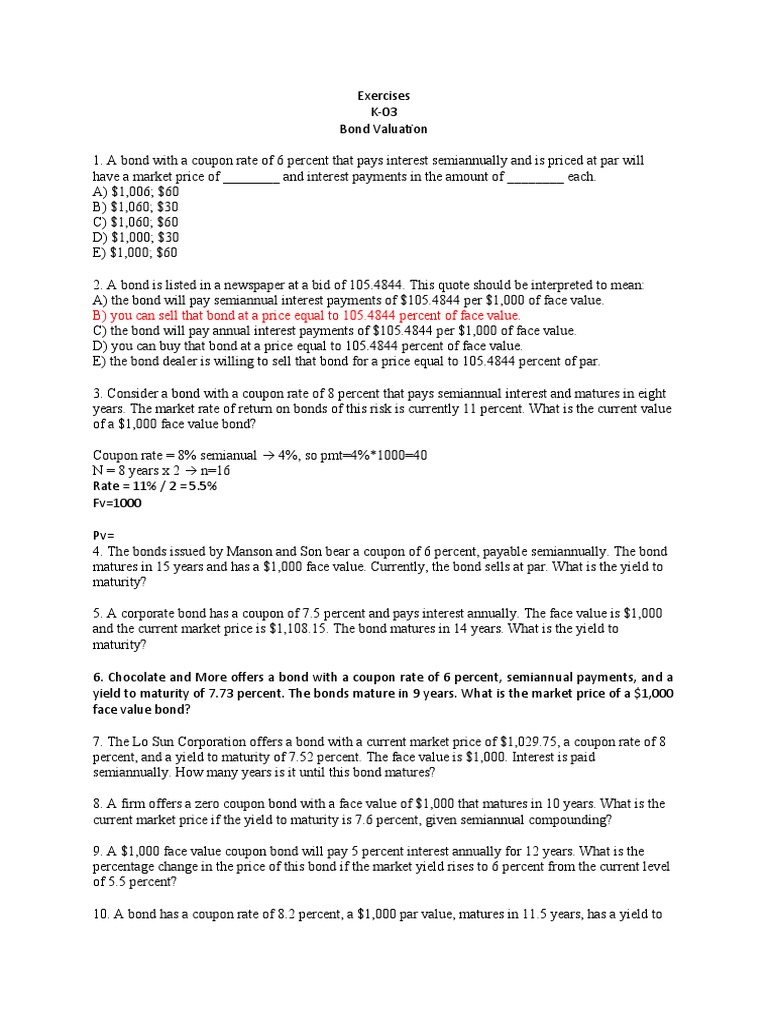 Exercises Bond Valuation | PDF | Bonds (Finance) | Yield (Finance)