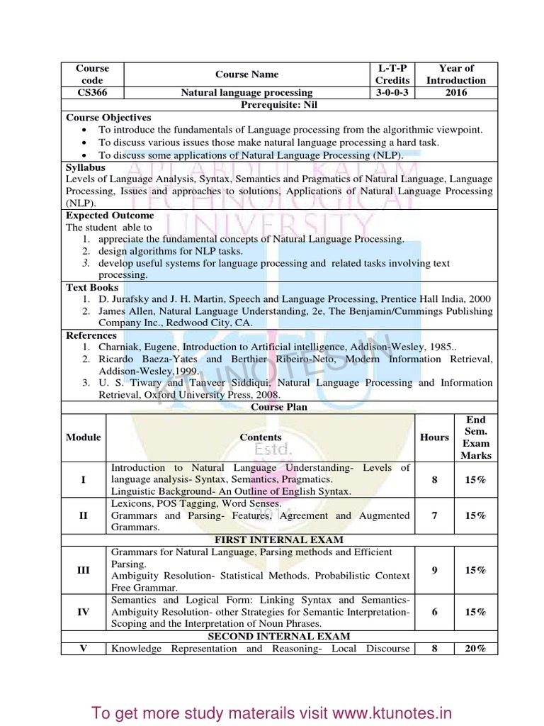 Natural Language Processing Syllabus | PDF | Question | Parsing