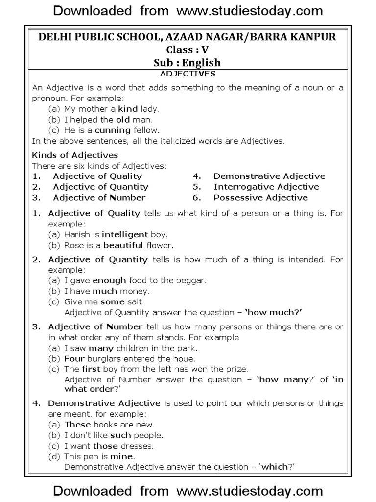 CBSE Class 5 English Revision Worksheet (16) - Adjectives | PDF ...