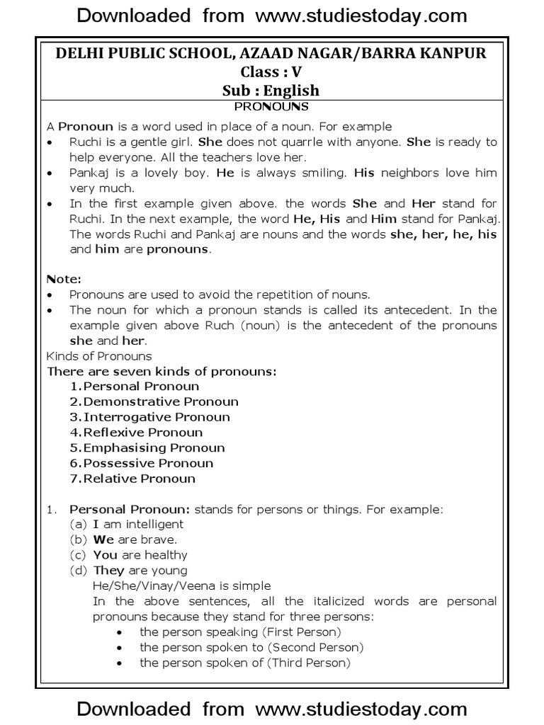 CBSE Class 5 English Revision Worksheet (17) - Pronouns | PDF ...