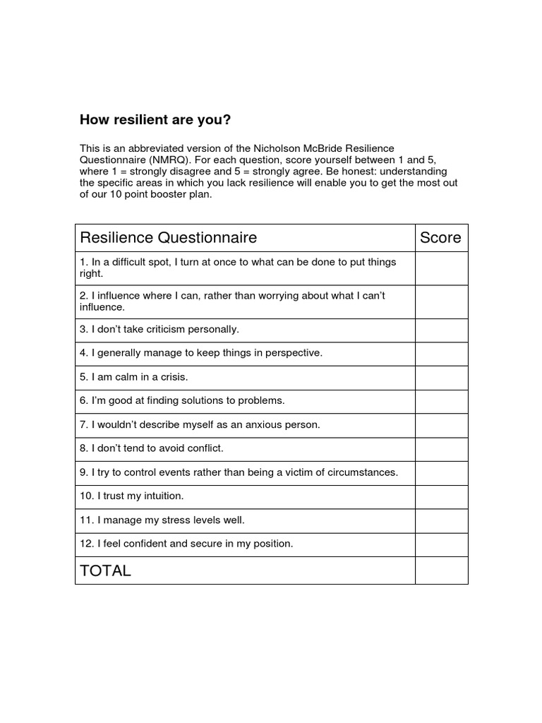Resilience Questionnaire and Boosting Tips | PDF | Psychological ...