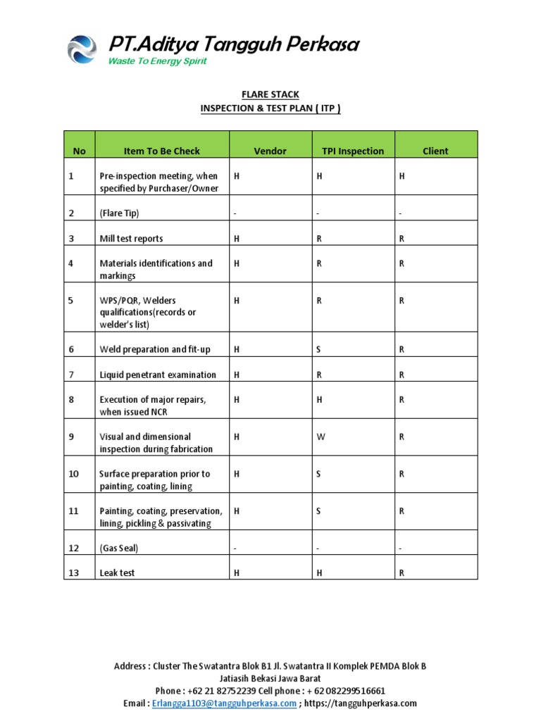 PT - Aditya Tangguh Perkasa: Flare Stack Inspection & Test Plan (Itp ...
