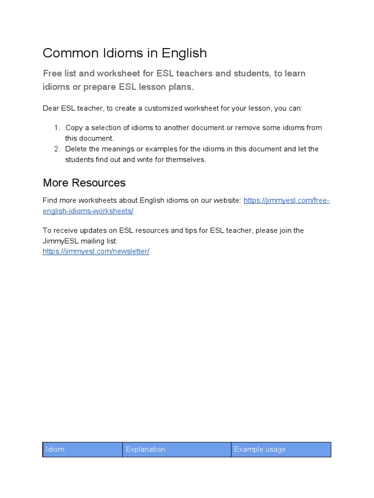 Common English Idioms for ESL Learners | PDF | English As A Second Or ...