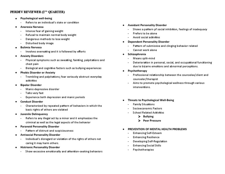 PERDEV REVIEWER 2nd Quarter | PDF | Personality Disorder | Mental Disorder