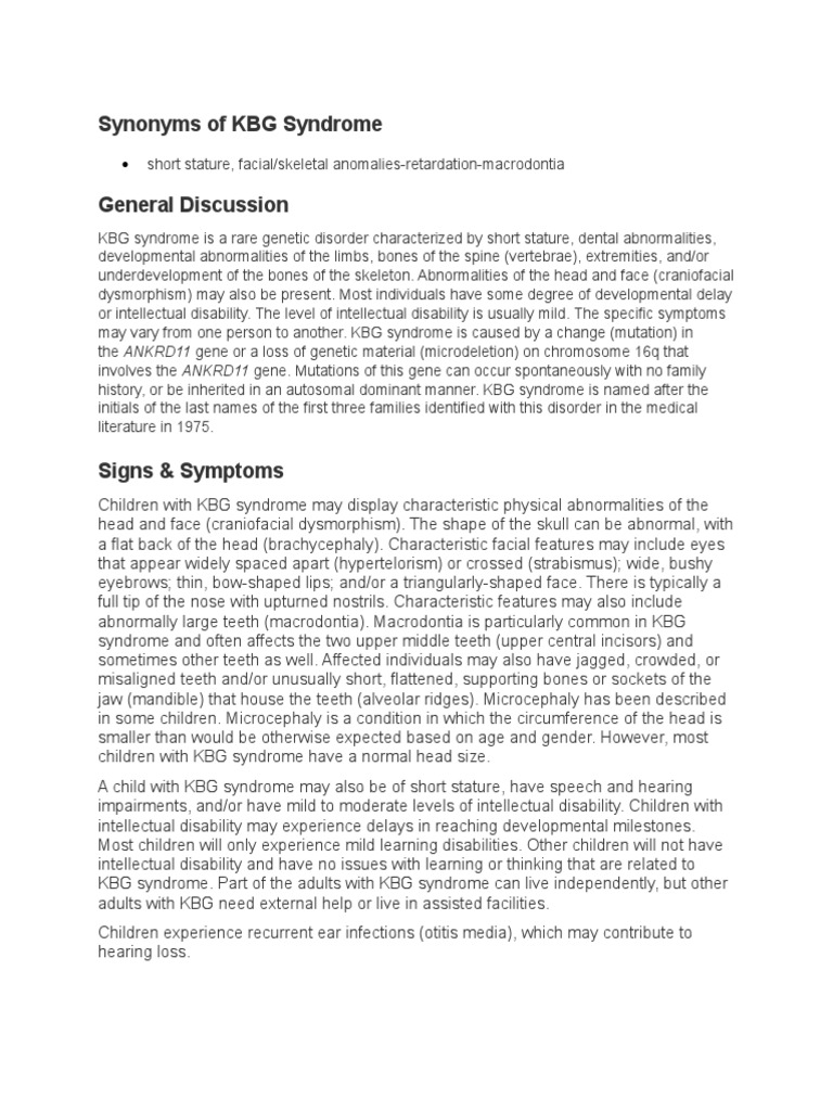 KBG Symptom | PDF | Genetic Disorder | Gene