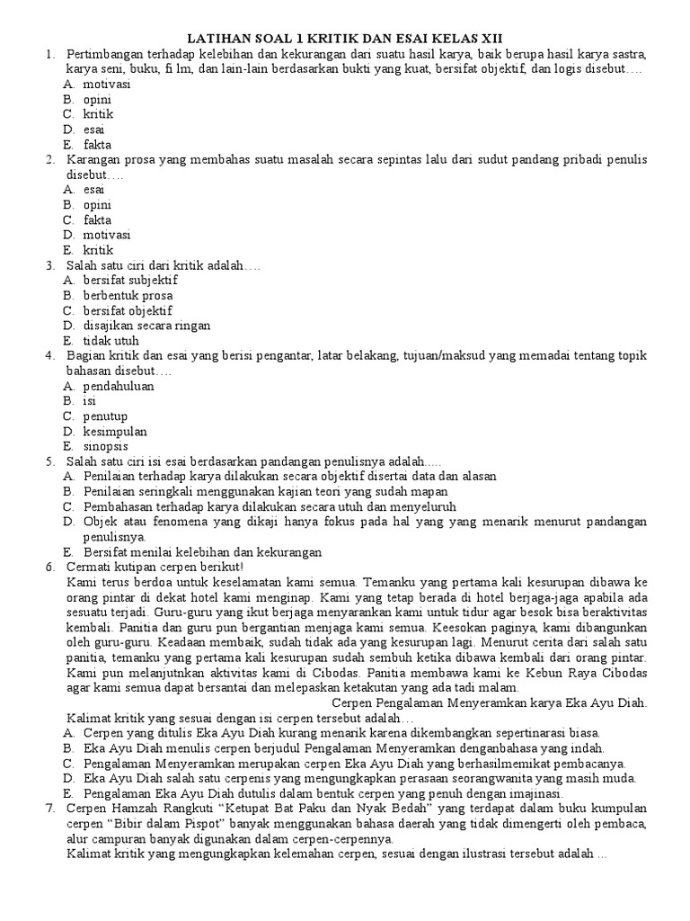 Latihan Soal 1 Kritik Dan Esai Kelas Xii | PDF