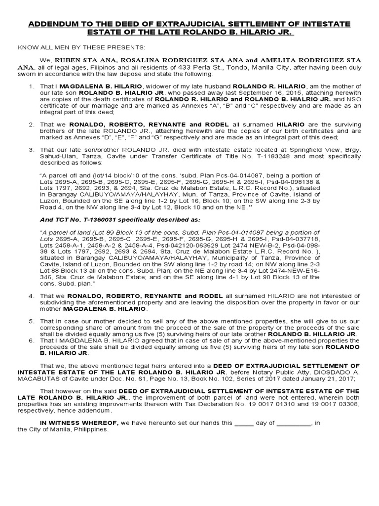 Addendum Extrajudicial Settlement of The Estate 3-12 | PDF | Natural ...