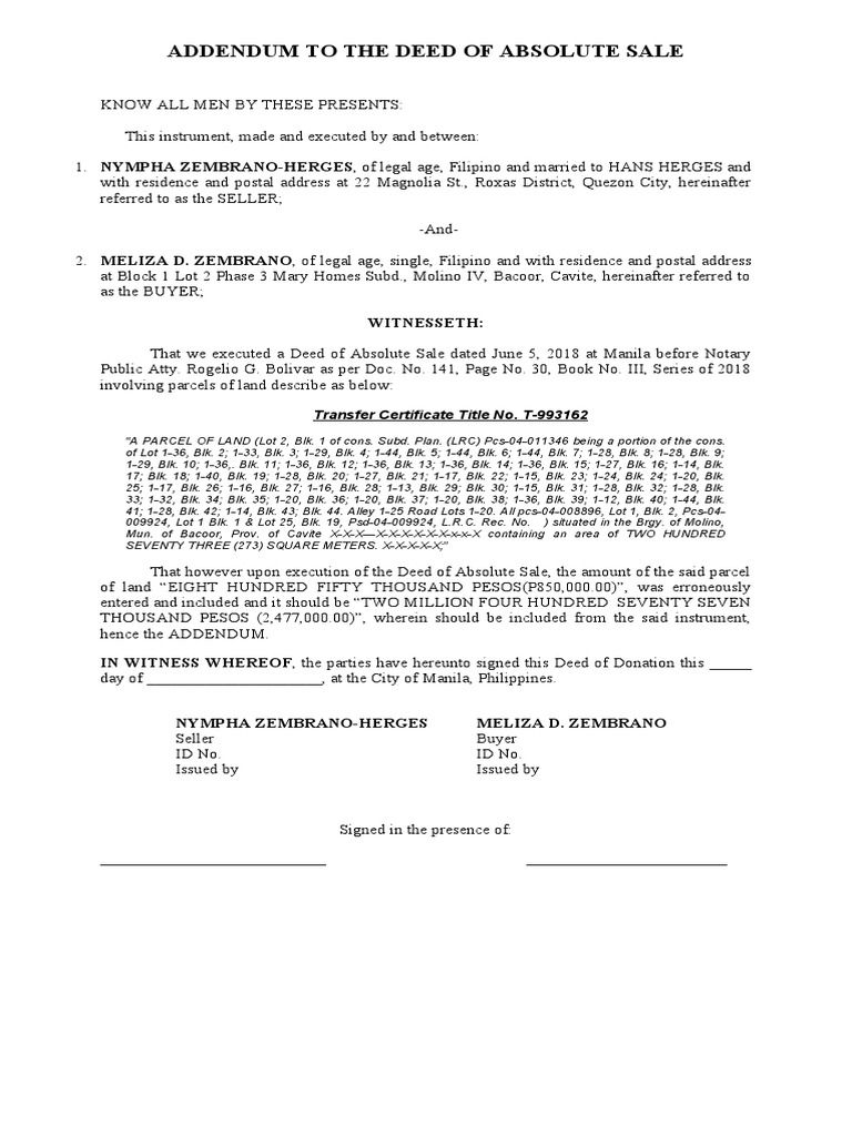ADDENDUM TO DEED OF Absolute Sale | PDF | Affidavit | Legal Procedure