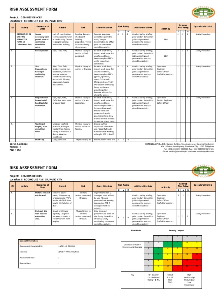 Risk Assessment Form: Project: Gem Residences Location: E. Rodriguez ...