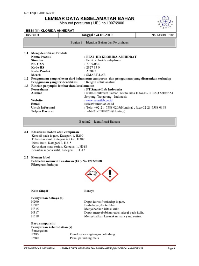 MSDS Iron (Iii) Chloride Anhydrous (Indo) | PDF