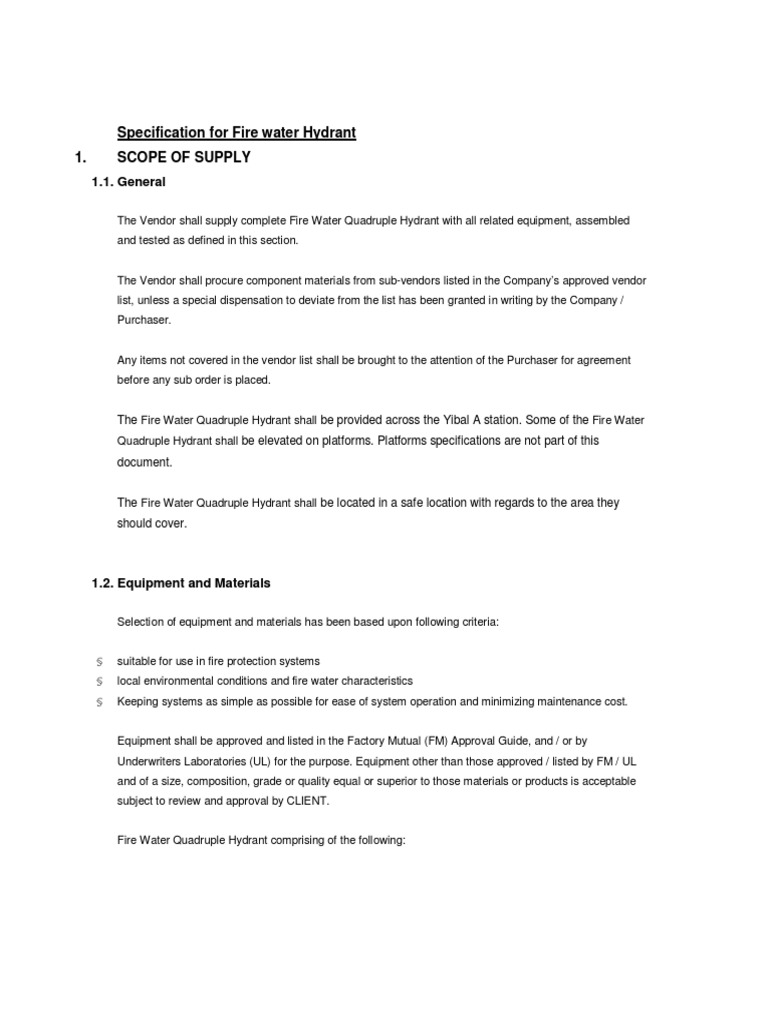 Specification For Fire Water Hydrant | PDF | Pipe (Fluid Conveyance ...